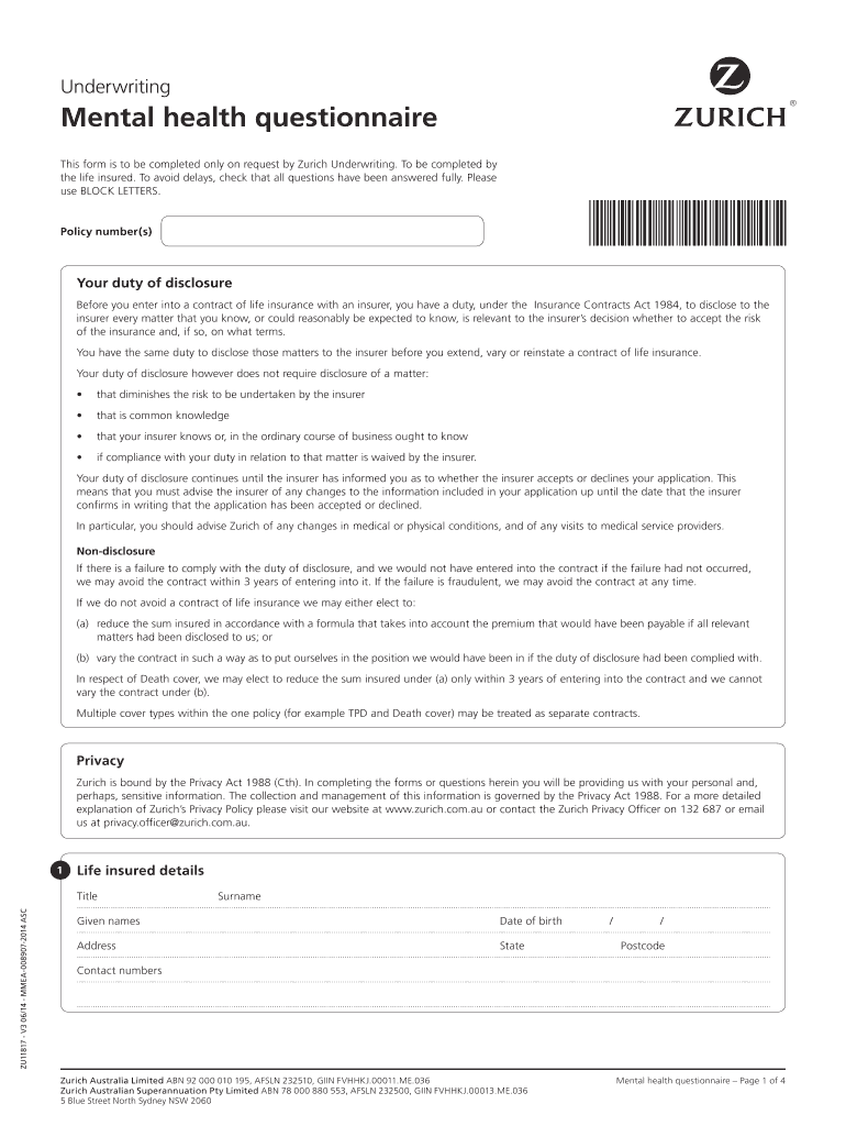 Fillable Online Mental Health questionnaire - Zurich Fax Email Print ...
