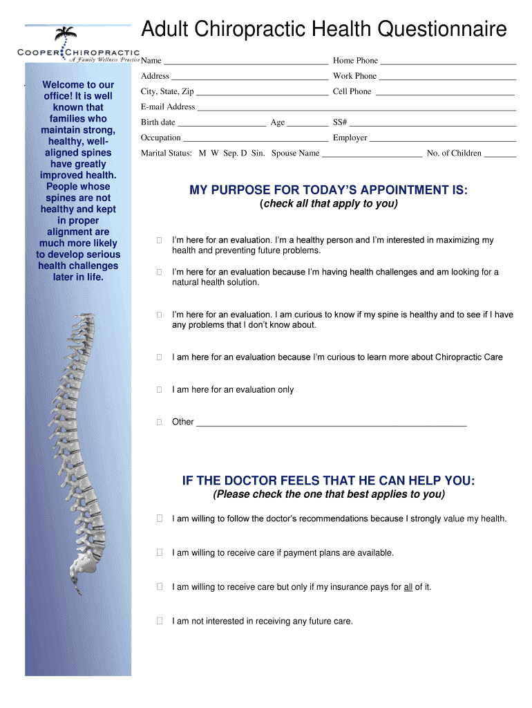 Fillable Online Adult Chiropractic Health Questionnaire - Cooper ...