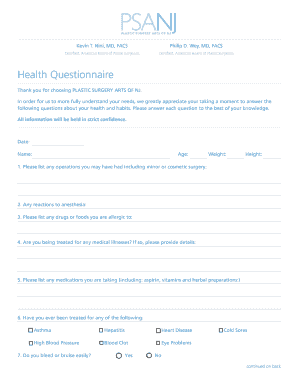 Fillable Online BHealth Questionnaireb - Plastic Surgery Arts of New ...