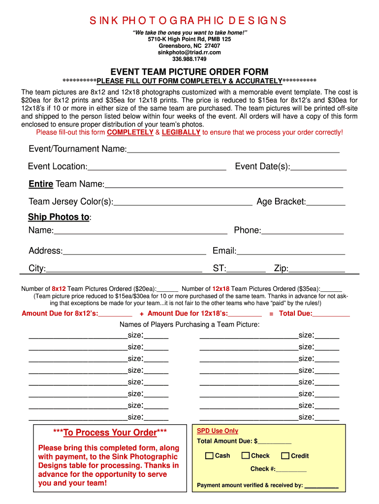 Fillable Online EVENT TEAM PICTURE ORDER FORM Fax Email Print - pdfFiller