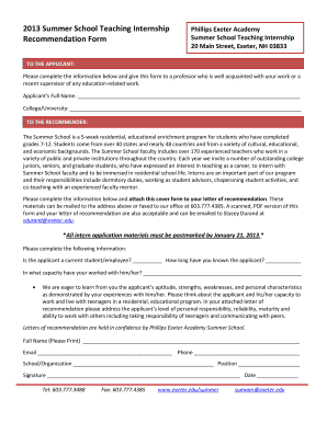 Fillable Online 2013 Summer School Teaching Internship Recommendation ...