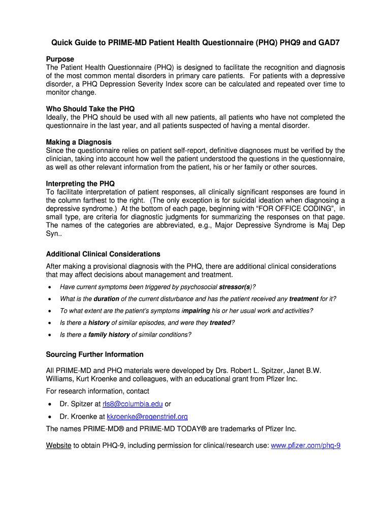 Fillable Online Quick Guide to PRIME-MD Patient Health Questionnaire ...