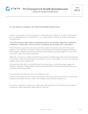 Fillable Online Pre Employment bHealth Questionnaireb - Power Projects ...