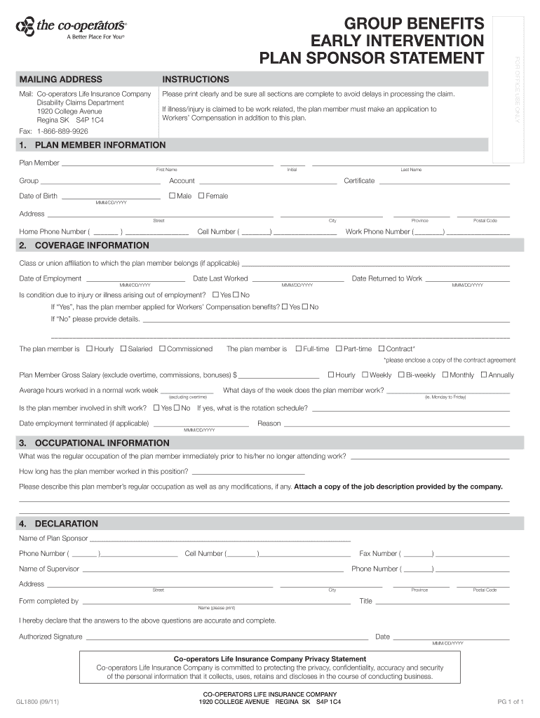 Fillable Online Early Intervention - Plan Sponsor Statement - The Co ...