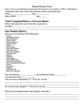 Fillable Online Patient History Form Chief Complaint/History of ...