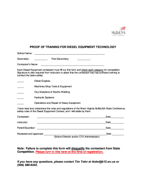 Fillable Online PROOF OF TRAINING FOR DIESEL EQUIPMENT TECHNOLOGY ...