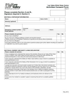 Fillable Online Lee Valley White Water Centre Activities Consent Form ...