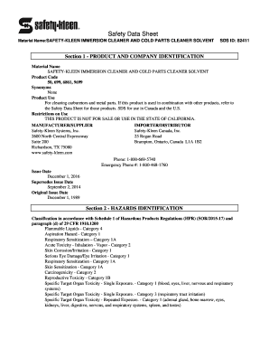 Fillable Online Material Name:SAFETY-KLEEN IMMERSION CLEANER AND COLD ...