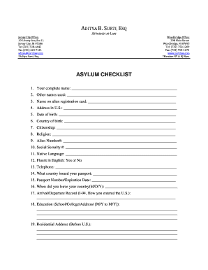 Fillable Online asylum checklist - Aditya Surti Law Offices Fax Email ...