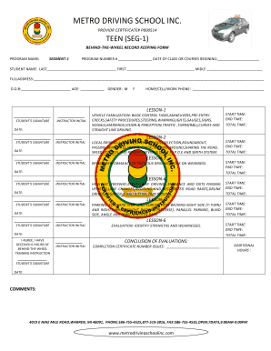 Fillable Online SEG-1 BEHIND -THE-WHEEL RECORD KEEPING FORM.doc Fax ...