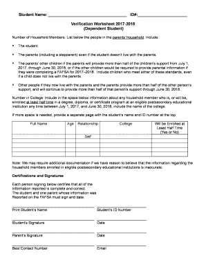 Fillable Online Student Name: ID#: Verification Worksheet 2017-2018 ...