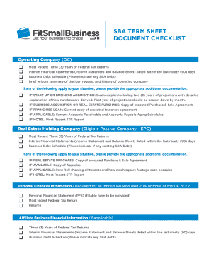 Fillable Online sba term sheet document checklist - Fit Small Business ...