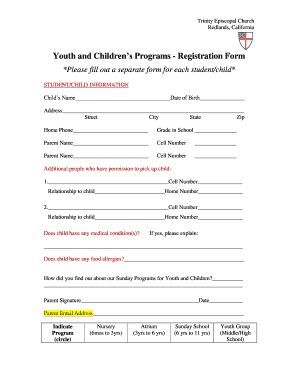 Fillable Online Youth and Childrens Programs - Registration Form Fax ...