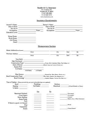 Fillable Online Insurance Questionnaire Homeowners Section - Bassler ...