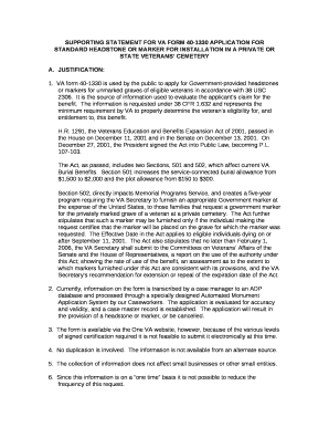 SUPPORTING STATEMENT FOR VA 40-1330 APPLICATION FOR STANDARD HEADSTONE ...