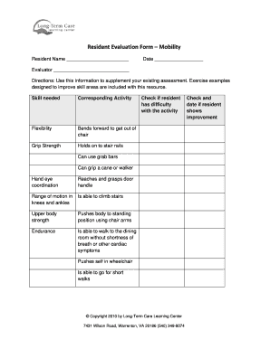 Fillable Online Resident Evaluation Form Mobility - ltctrainer.com Fax ...