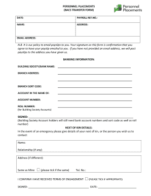 Fillable Online PERSONNEL PLACEMENTS (BACS TRANSFER FORM) Fax Email ...
