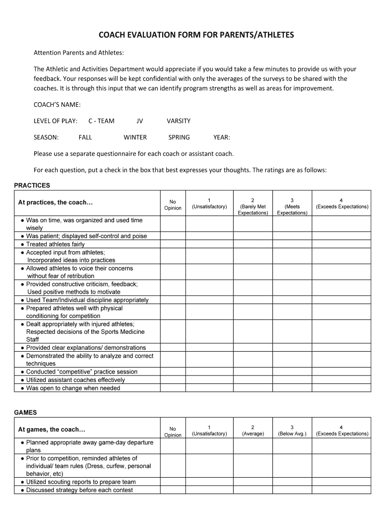 Fillable Online coach evaluation form for parents/athletes - Eagle ...