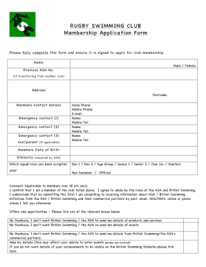 Fillable Online RUGBY SWIMMING CLUB Membership Application Form Fax ...