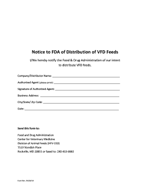 Fillable Online Example Notice to FDA of Distribution of VFD Feeds Fax ...