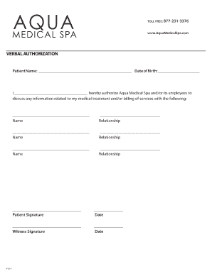 Fillable Online VERBAL AUTHORIZATION - aquamedicalspa.com Fax Email ...