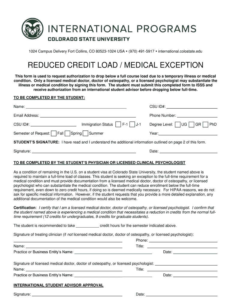 Fillable Online isss colostate reduced credit load / medical exception - International Student ...