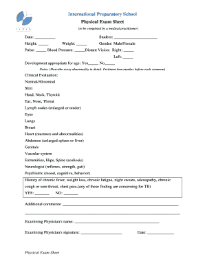 Fillable Online International Preparatory School Physical Exam Sheet ...