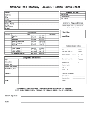 Fillable Online National Trail Raceway JEGS ET Series Points Sheet Fax ...