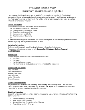 Fillable Online 6th Grade Honors Math Classroom Guidelines and ...