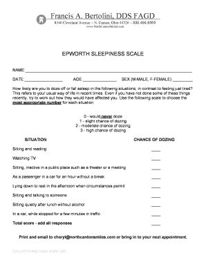 Fillable Online Epworth sleepiness scale - Francis A. Bertolini ...