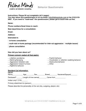 Fillable Online Behavior Questionnaire - Feline Minds Fax Email Print ...