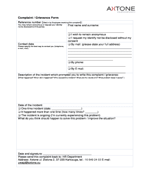 Fillable Online Complaint Grievance Form - Axtone Fax Email Print - pdfFiller
