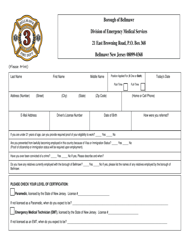 Fillable Online Borough of Bellmawr Division of Emergency Medical ...