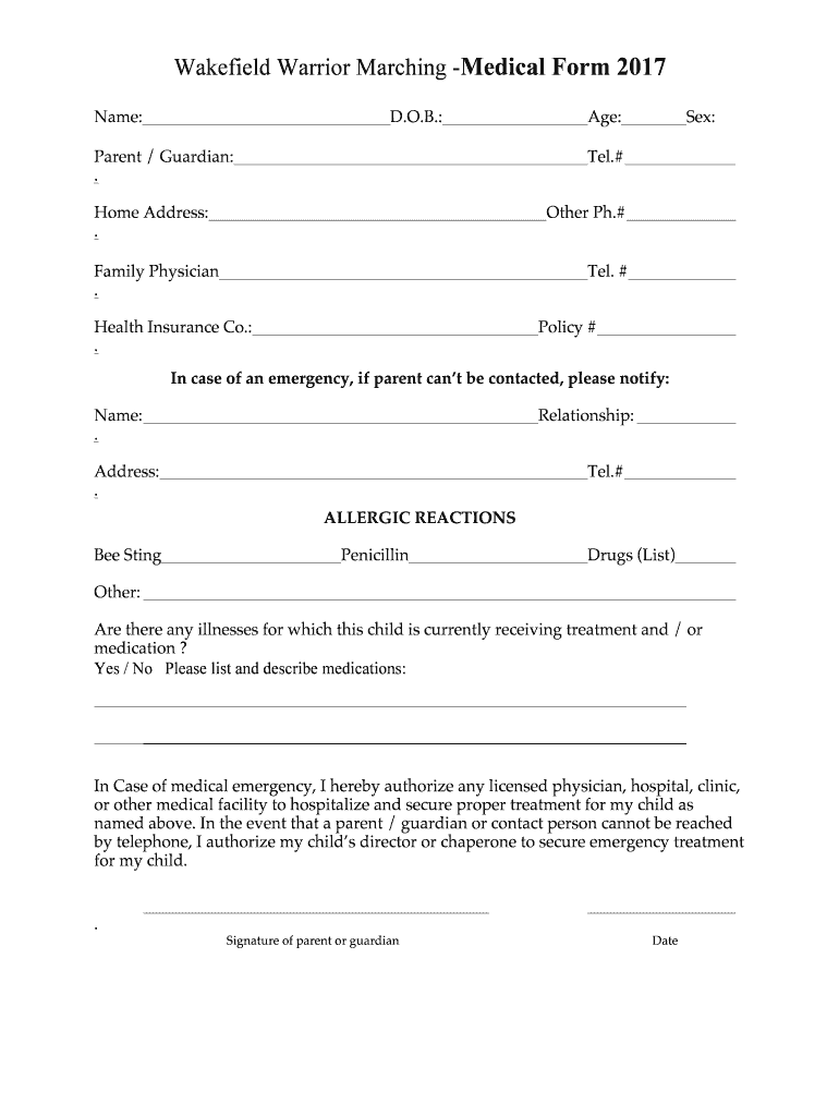 Fillable Online Wakefield Warrior Marching -Medical Form 2017 - Wakefield Music ... Fax Email ...
