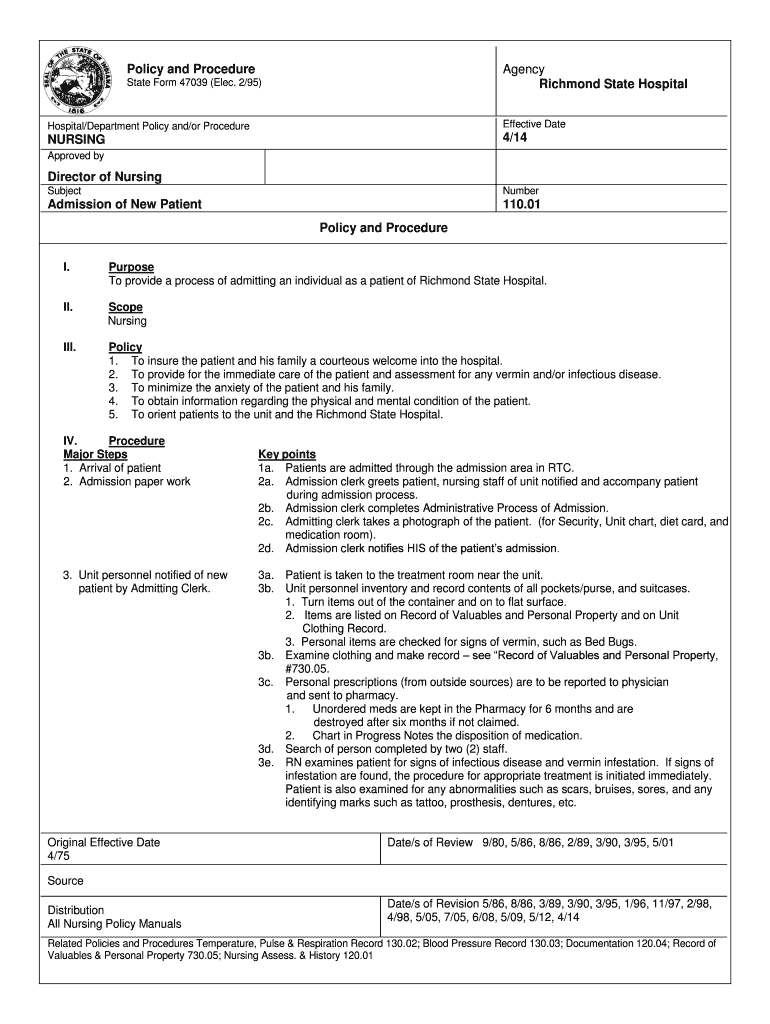 Fillable Online Policy and Procedure Agency Richmond State Hospital ...