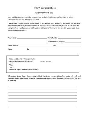 Fillable Online Title VI Complaint Form Life Unlimited, Inc. Fax Email Print - pdfFiller