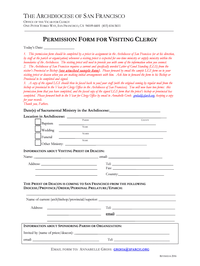 Fillable Online PERMISSION FORM FOR VISITING CLERGY - Fax Email Print ...