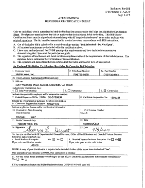 Fillable Online ATTACHMENT 6 BID/BIDDER CERTIFICATION SHEET IFB Number ...