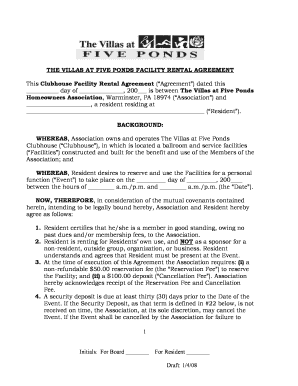 Fillable Online The Villas At Five Ponds Facility Rental Agreement ...