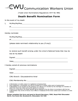 Fillable Online glosamal co Death Benefit Nomination Form - CWU ...