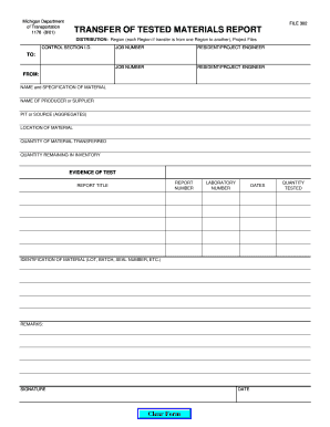 Fillable Online MDOT Form 1178 - "TRANSFER OF TESTED MATERIALS REPORT ...