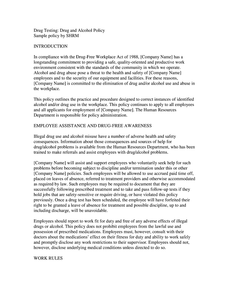 Fillable Online Drug Testing: Drug and Alcohol Policy Sample Fax Email ...