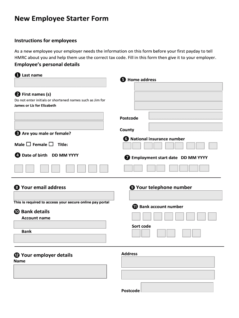 Printable New Employee Starter Form Template Printable Templates
