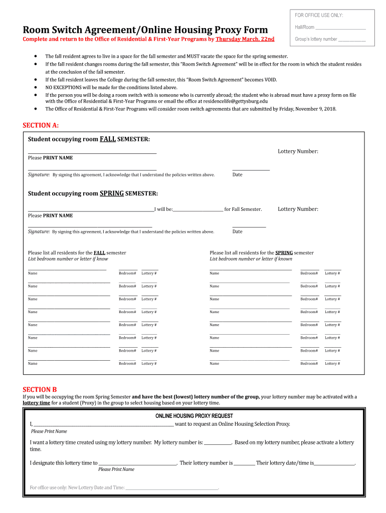 Fillable Online Room Switch Agreement/Online Housing Proxy Form Fax ...