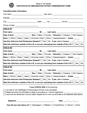 Fillable Online State of Tennessee CERTIFICATE OF IMMUNIZATION PATIENT ...