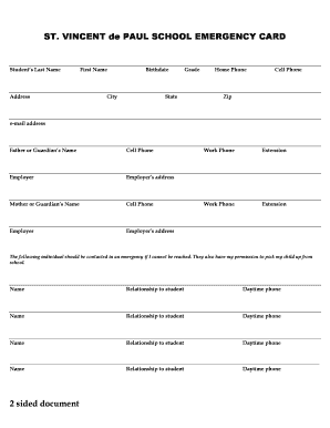 Fillable Online ST. VINCENT de PAUL SCHOOL EMERGENCY CARD Fax Email ...