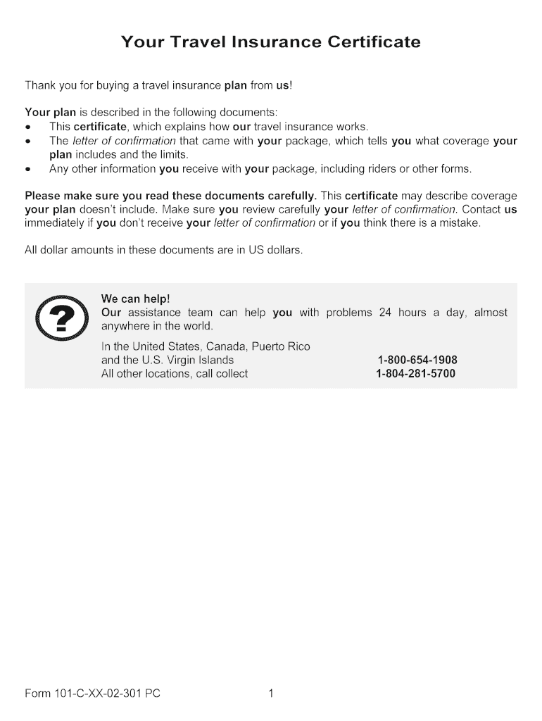 Fillable Online Your Travel Insurance Certificate Certificate of Travel ...