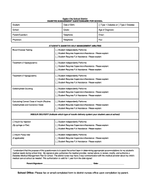 Fillable Online DIABETES MANAGEMENT QUESTIONNAIRE FOR SCHOOL Fax Email ...