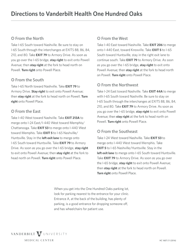 Fillable Online Vanderbilt Health One Hundred Oaks Directions and Map ...
