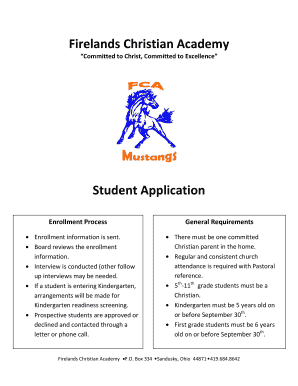Fillable Online FCA Student Application Form - Firelands Christian ...